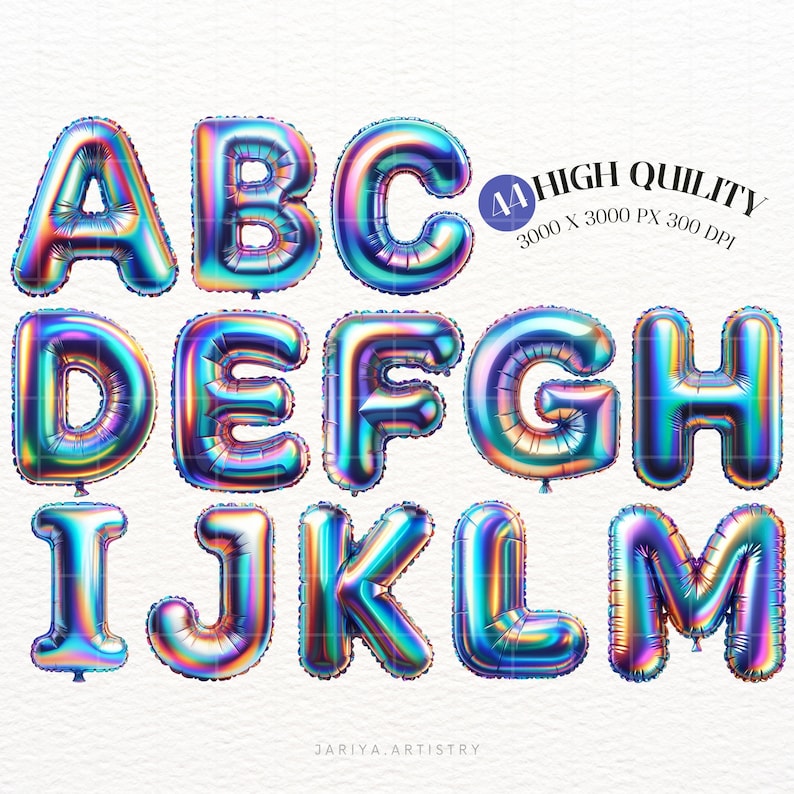 Holographic Balloon Alphabet Clipart Bundle: A-Z PNG Designs ...