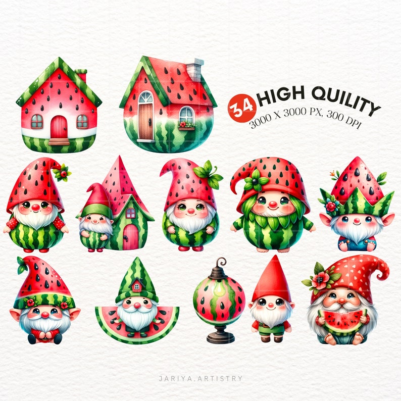 Adorable Watermelon Gnome PNG - Watercolor Clipart, Cute Design ...