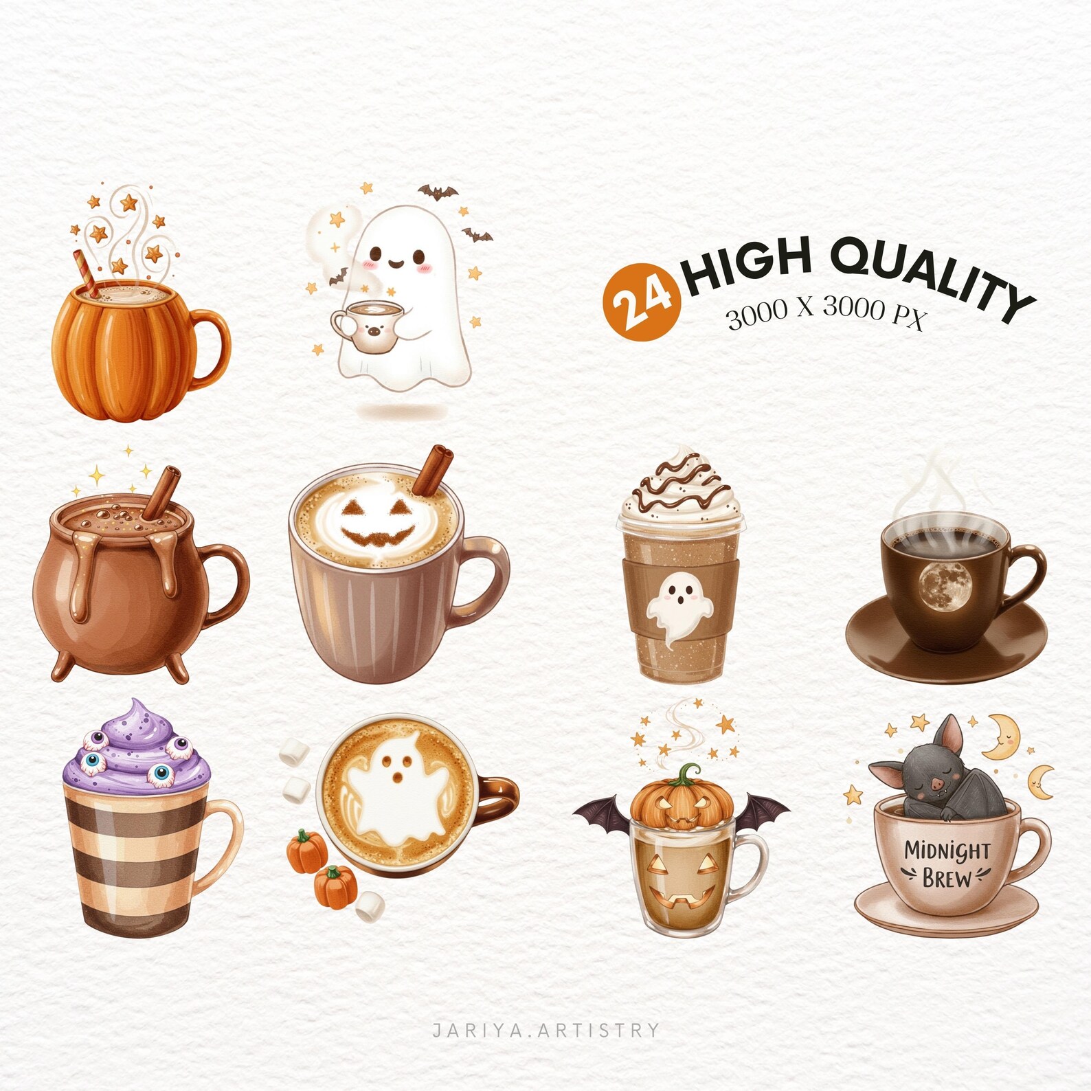 Spooky Halloween Cafe Clipart: Watercolor Coffee Menu Board PNG ...