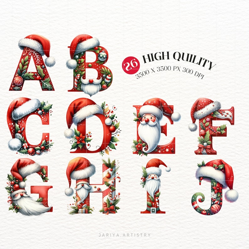 Festive Santa Alphabet Clipart Set - A-Z PNG Designs, Prints ...