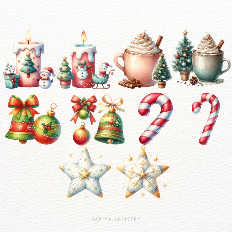 Cute Christmas Clipart Bundle, Watercolor Cute Christmas PNG, Cute ...
