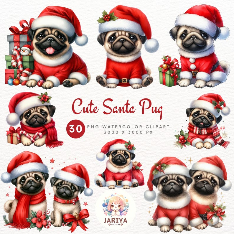 Santa Pug Watercolor Clipart: Christmas Decorations, Greeting Cards ...