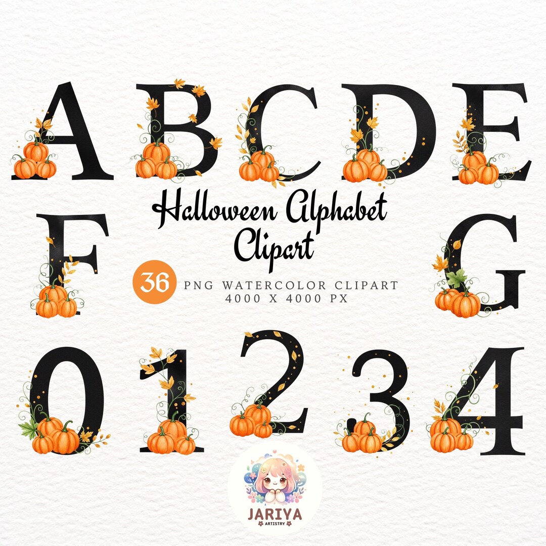 Watercolor Halloween Alphabet Clipart – Black Letters With Pumpkins ...