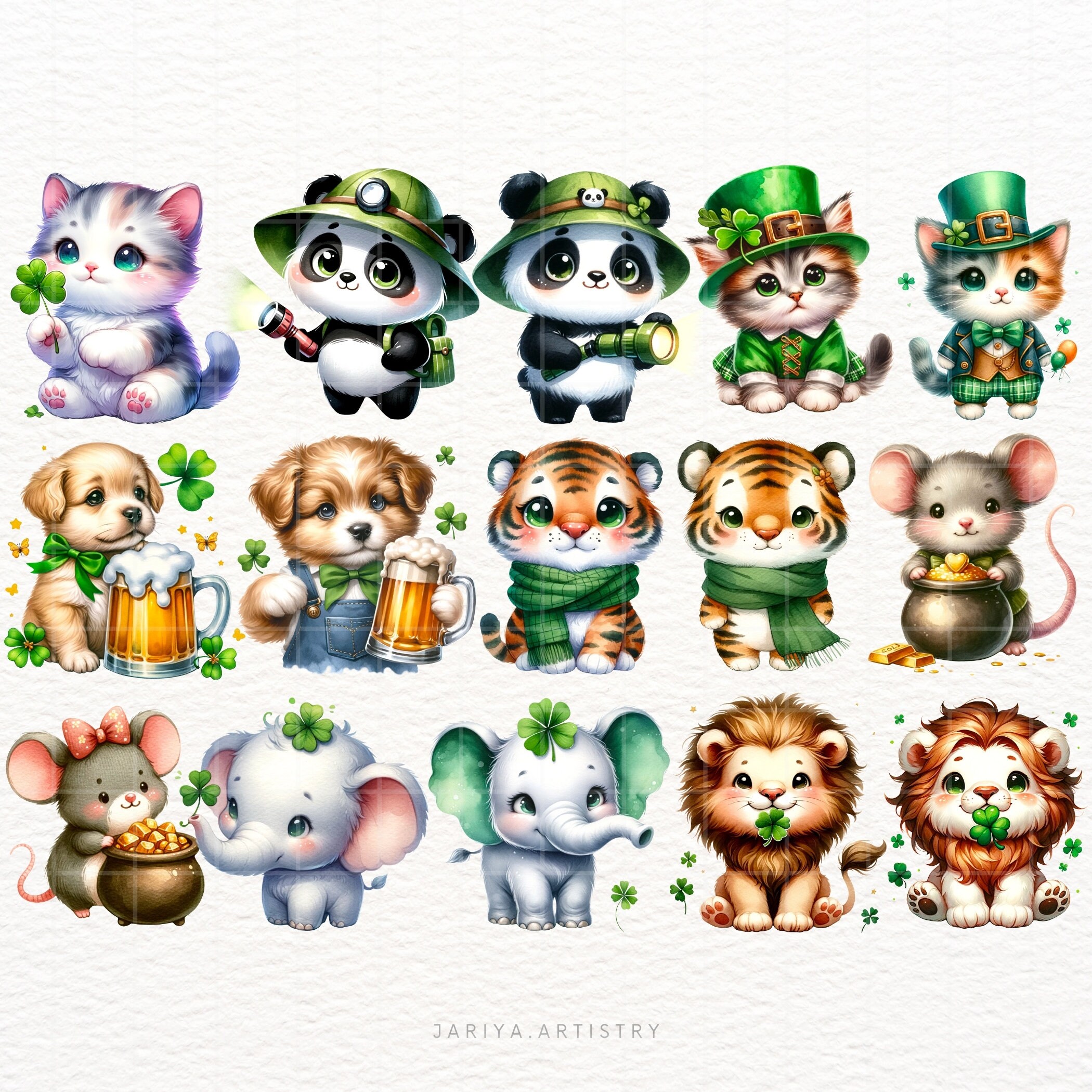 Cute St. Patrick's Day Animal Clipart Set - Cute Watercolor Shamrock ...