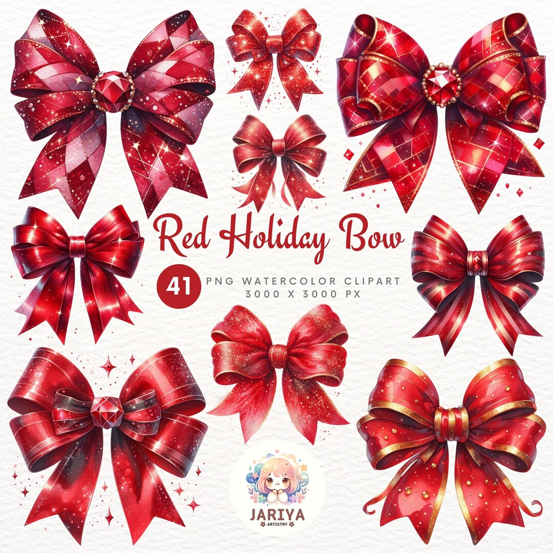 Red Holiday Bow Clipart: Festive Watercolor PNG (3000x3000 Px) - Etsy
