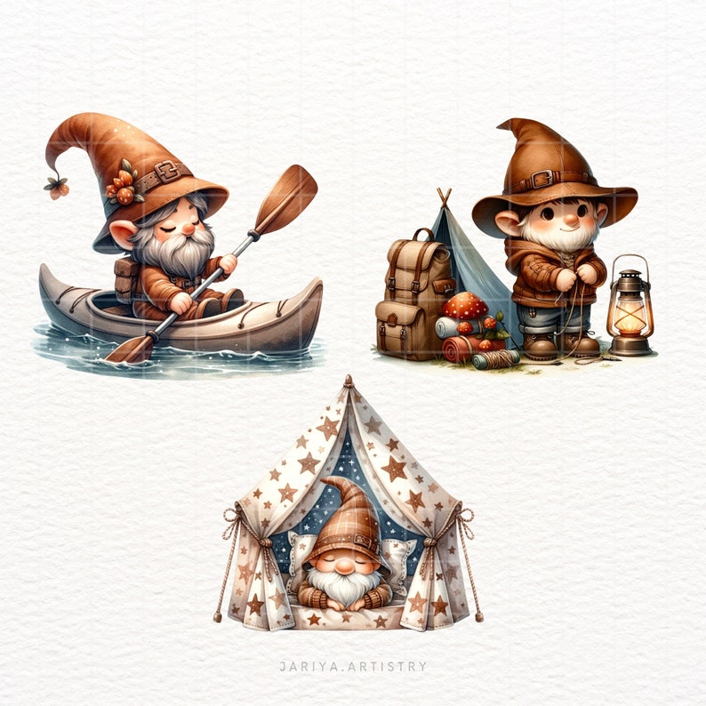Cute Watercolor Camping Gnome Clipart, Outdoor Adventure Gnomes Clipart ...