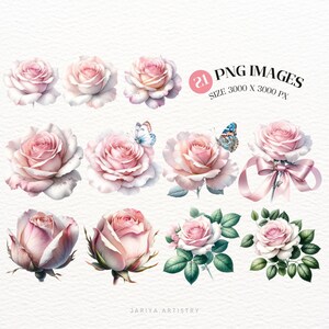 Watercolor Pink Rose Clipart Bundle, Pink Floral PNG, Pink Rose ...