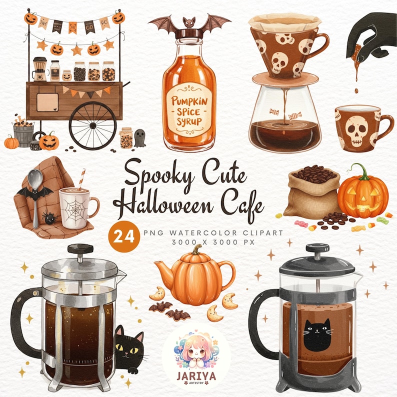Spooky Halloween Cafe Clipart: Watercolor Coffee Menu Board PNG ...