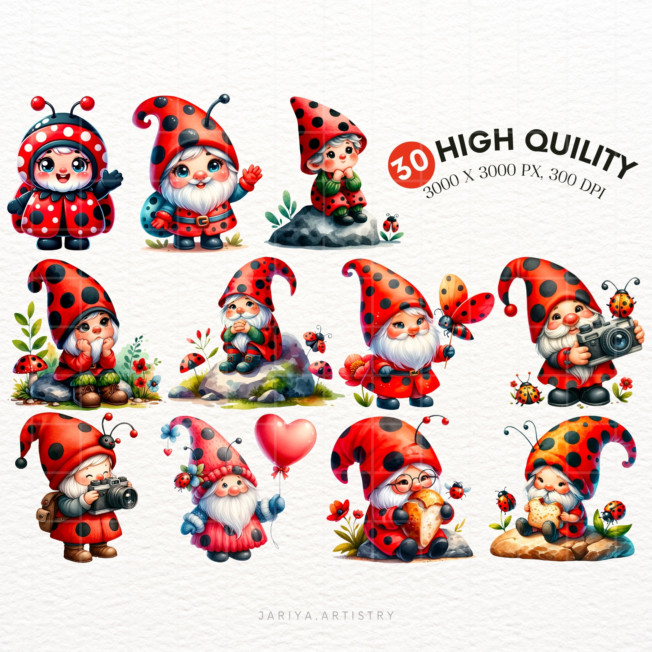 Cute Ladybug Gnome Clipart Bundle, Cute Gnome PNG, Watercolor Gnome ...