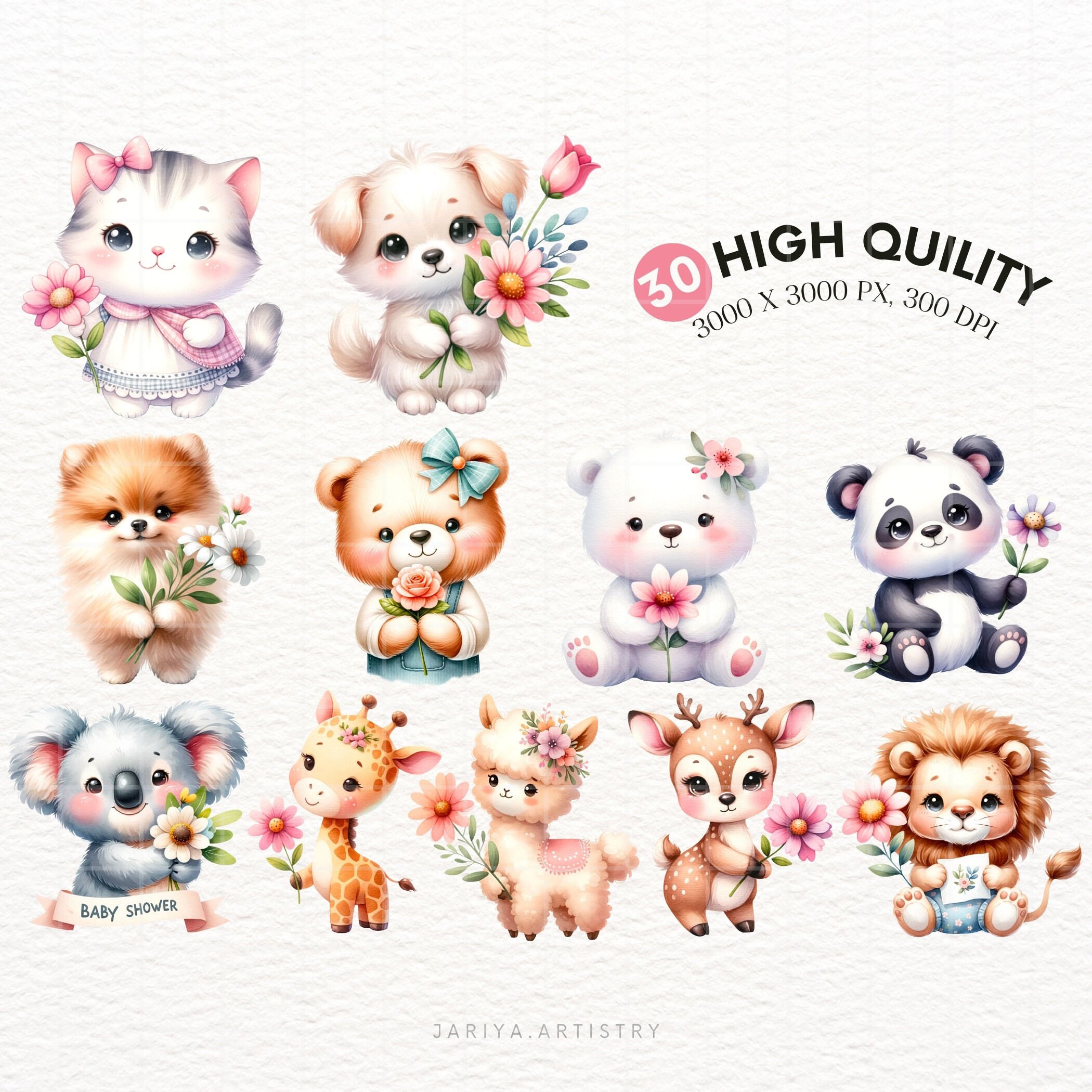 Cute Animals With Flowers Clipart, Floral Animal Clipart, Cute Animal ...