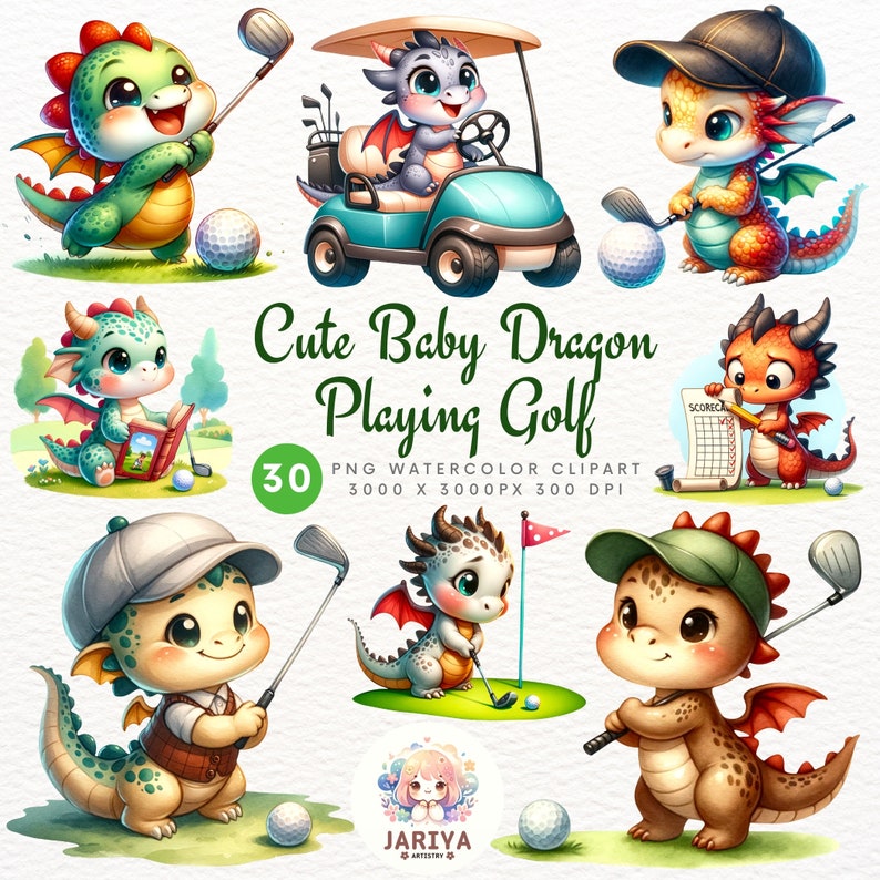 Baby Dragon Playing Golf PNG - Cute Clipart Bundle for DIY Sublimation ...