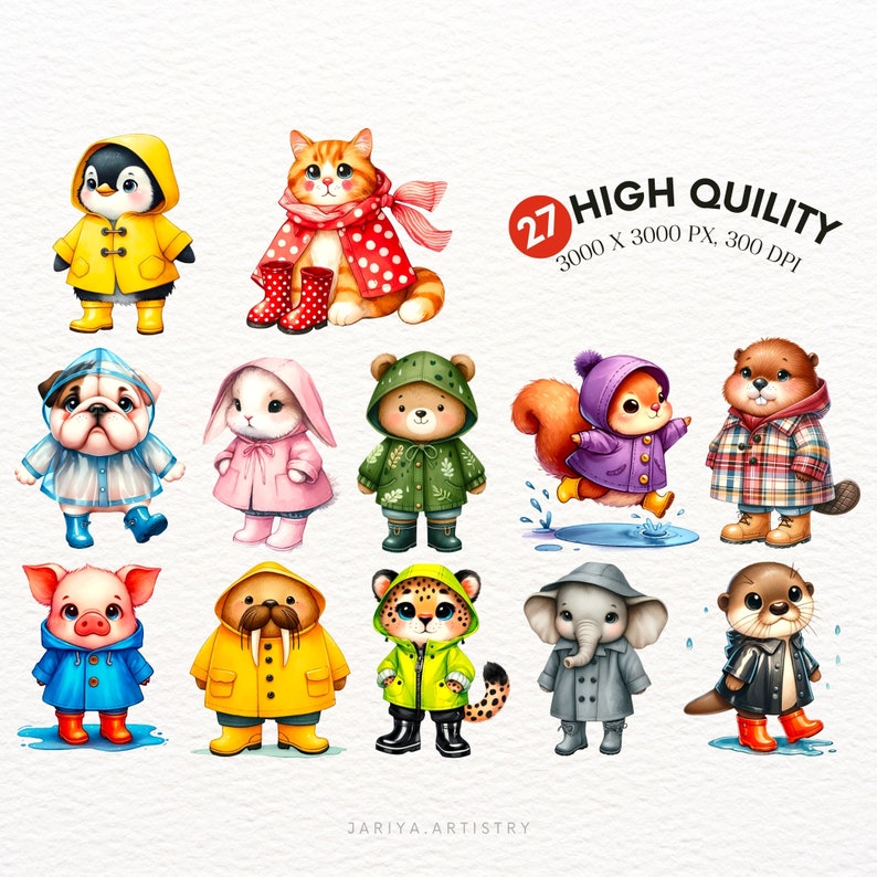 Cute Animals With Raincoat Watercolor Clipart Collection for Baby ...