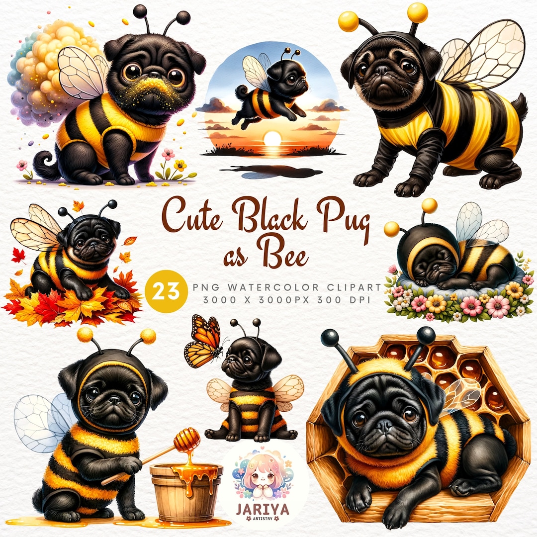 Puppy Love: Black Pug Bee PNG Images for Card Making and Sublimation ...