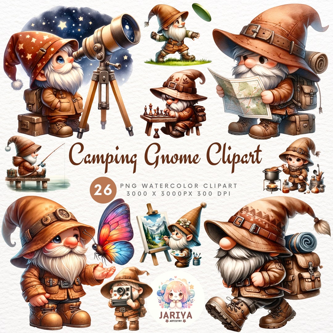 Cute Watercolor Camping Gnome Clipart, Outdoor Adventure Gnomes Clipart ...