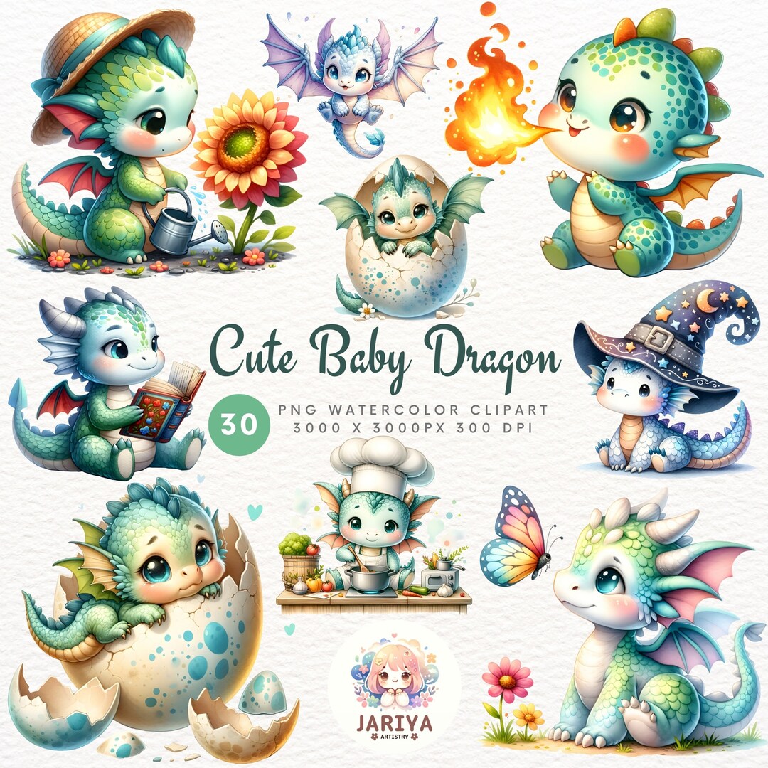 Baby Dragon Clipart Bundle: Watercolor PNG Graphics (digital Download ...