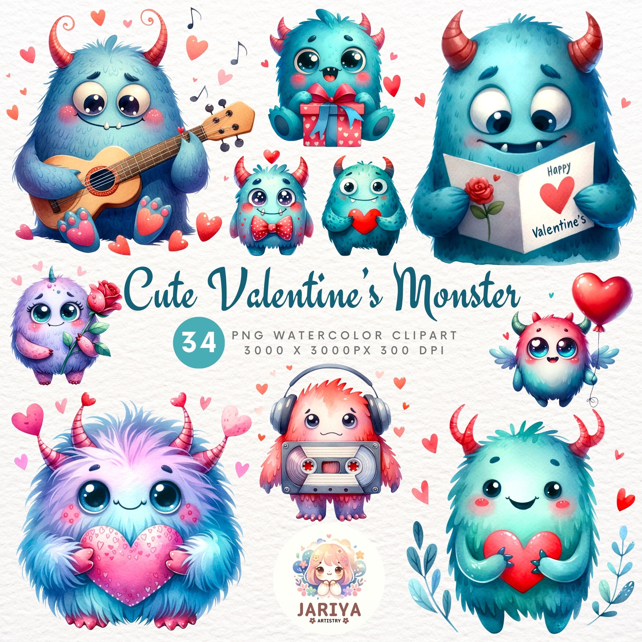 Monster Love Clipart for Valentine's Day Watercolor PNG, Printable ...