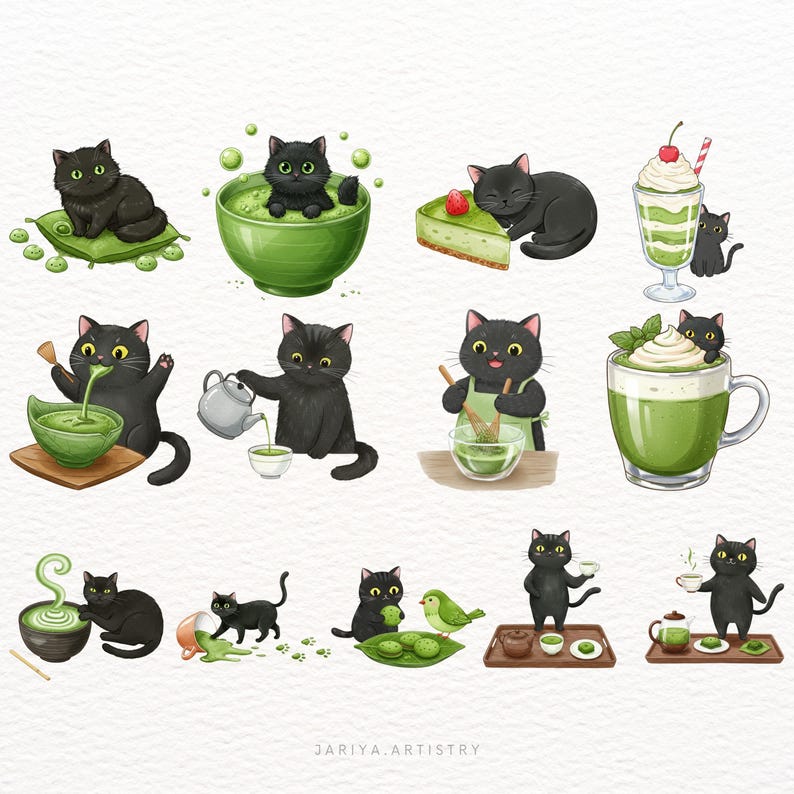 Black Cat Matcha Clipart: Watercolor Teatime PNG Illustration Set ...