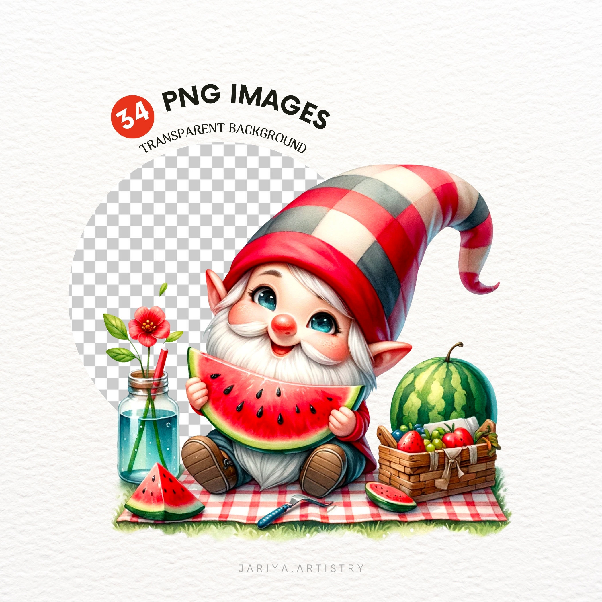 Cute Watermelon Gnome Clipart Bundle, Cute Watermelon PNG, Watercolor ...
