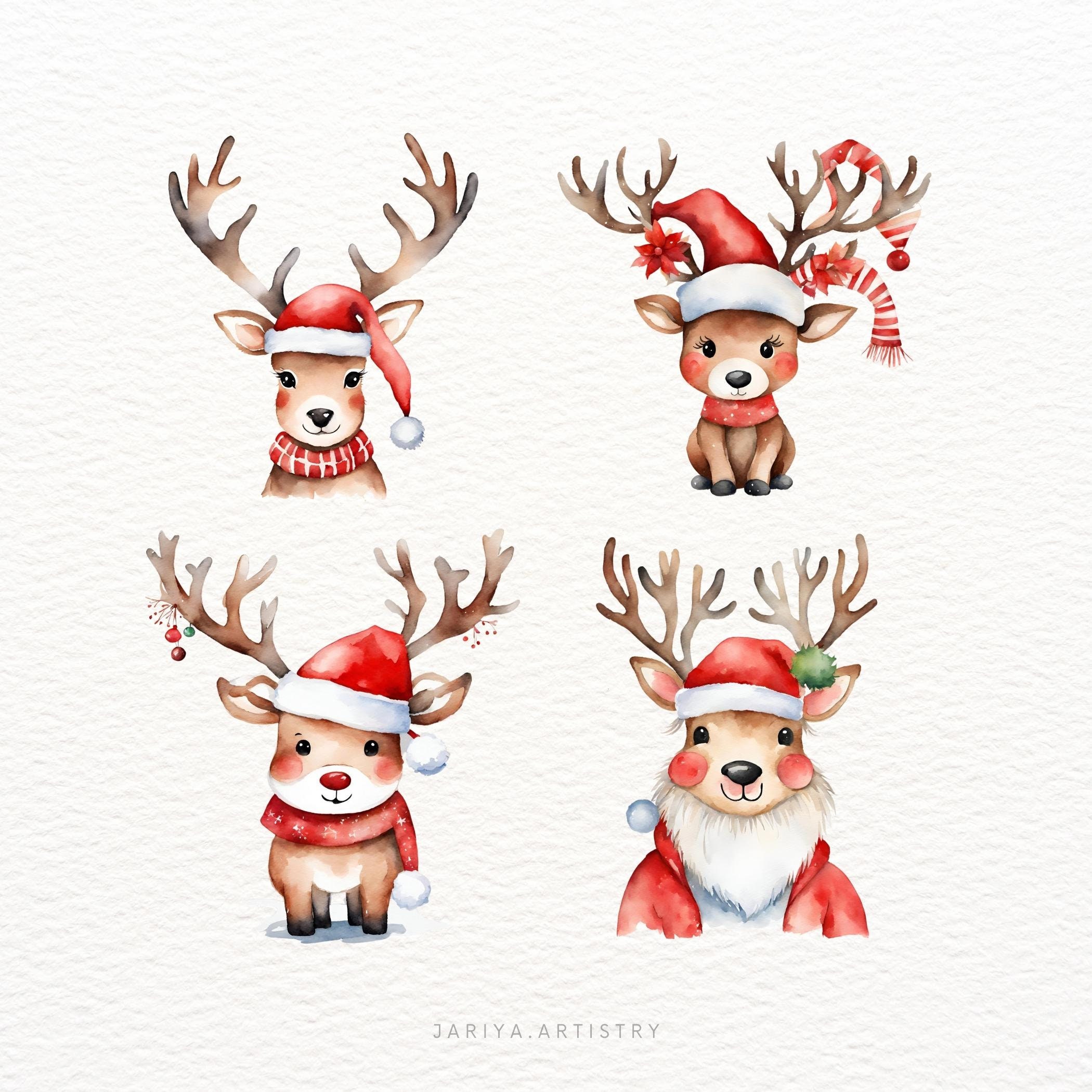 Reindeer Santa Clipart Bundle, Watercolor Reindeer Santa Clipart PNG ...