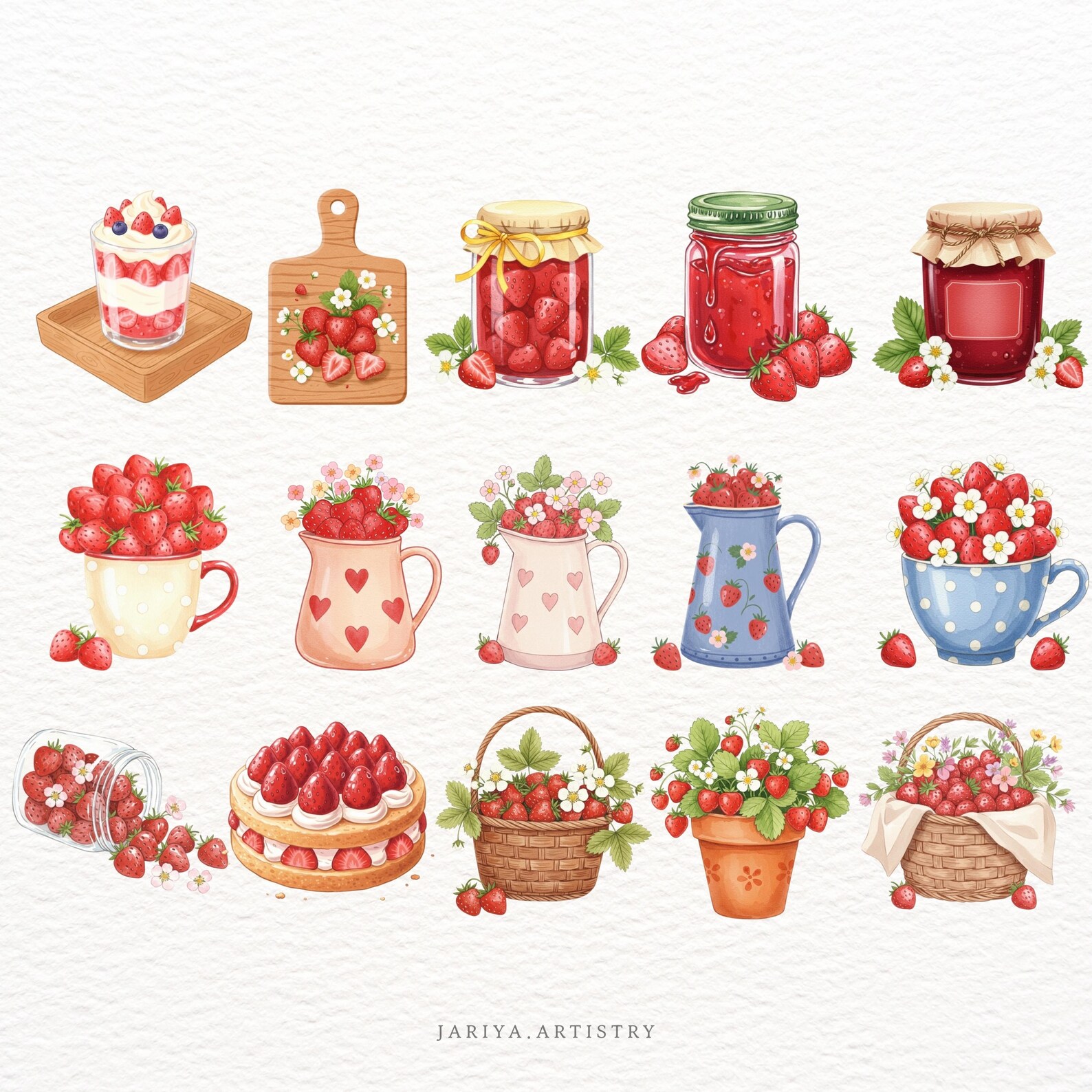 Watercolor Strawberry Clipart Set: Jam Jars, Berries, Floral ...