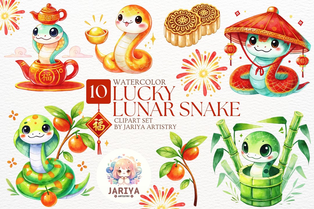Adorable Snake Lunar New Year Clipart: Charming Watercolor ...