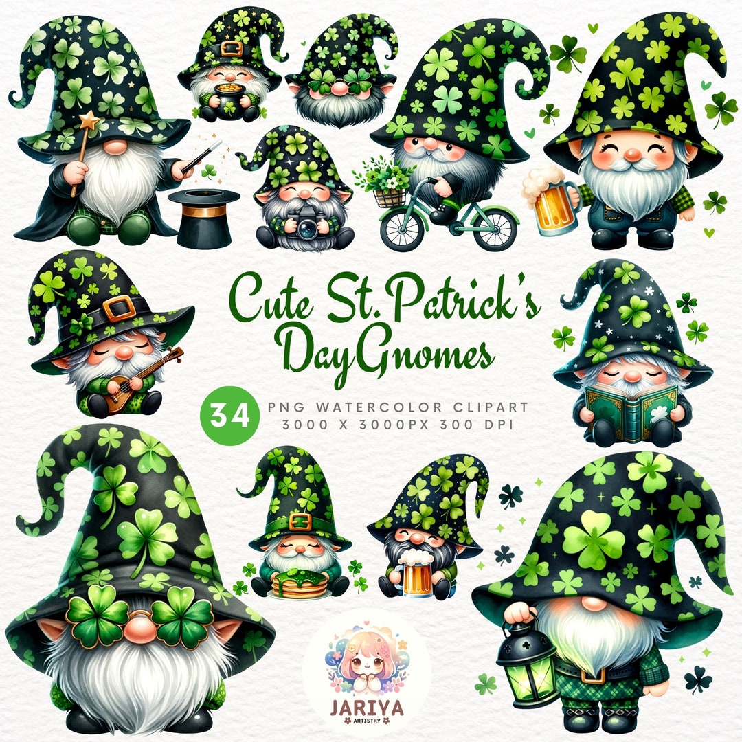 Lucky Gnome Clipart Set, St. Patrick's Day Watercolor Design, Instant ...