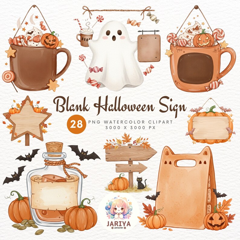 Watercolor Halloween Sign Clipart Set: Blank DIY Pngs for Crafts ...