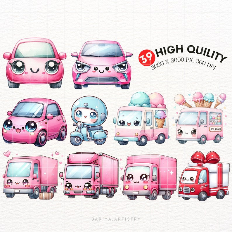 Chibi Style Kawaii Car Clipart Bundle Cute Vehicle Art Collection ...