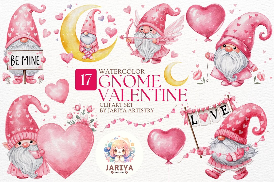 Cute Pink Gnome Valentine's Clipart: Whimsical Watercolor Illustrations ...