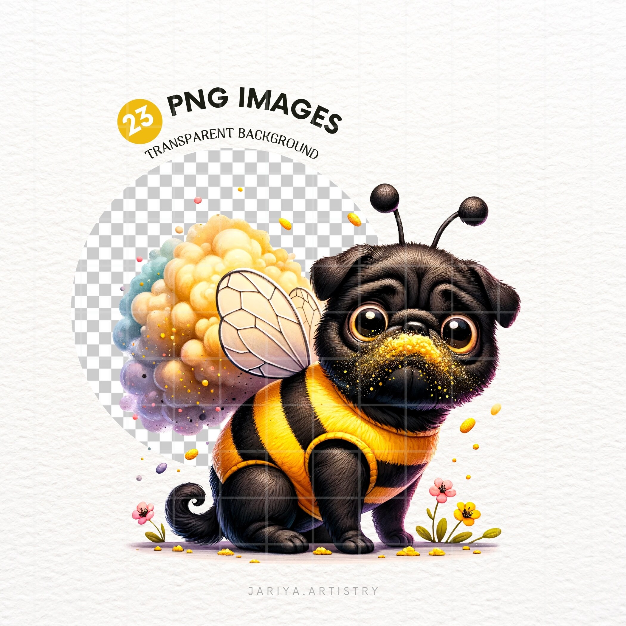 Puppy Love: Black Pug Bee PNG Images for Card Making and Sublimation ...