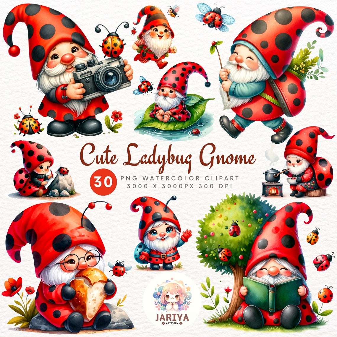 Cute Ladybug Gnome Clipart Bundle, Cute Gnome PNG, Watercolor Gnome ...
