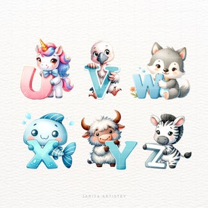 Adorable Animal Alphabet Clipart Bundle - Watercolor A-Z Letters ...