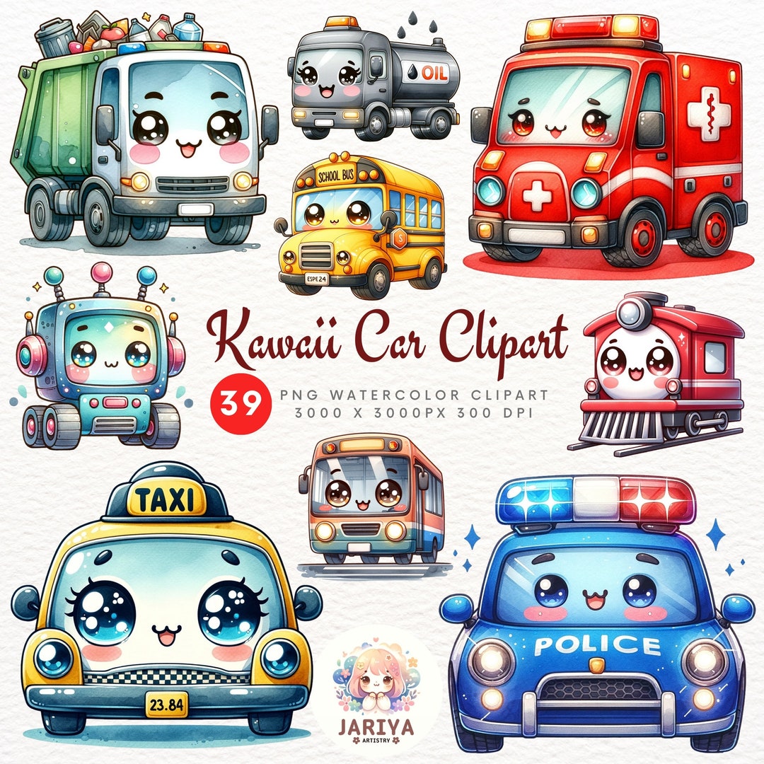 Chibi Style Kawaii Car Clipart Bundle - Cute Vehicle Art Collection ...
