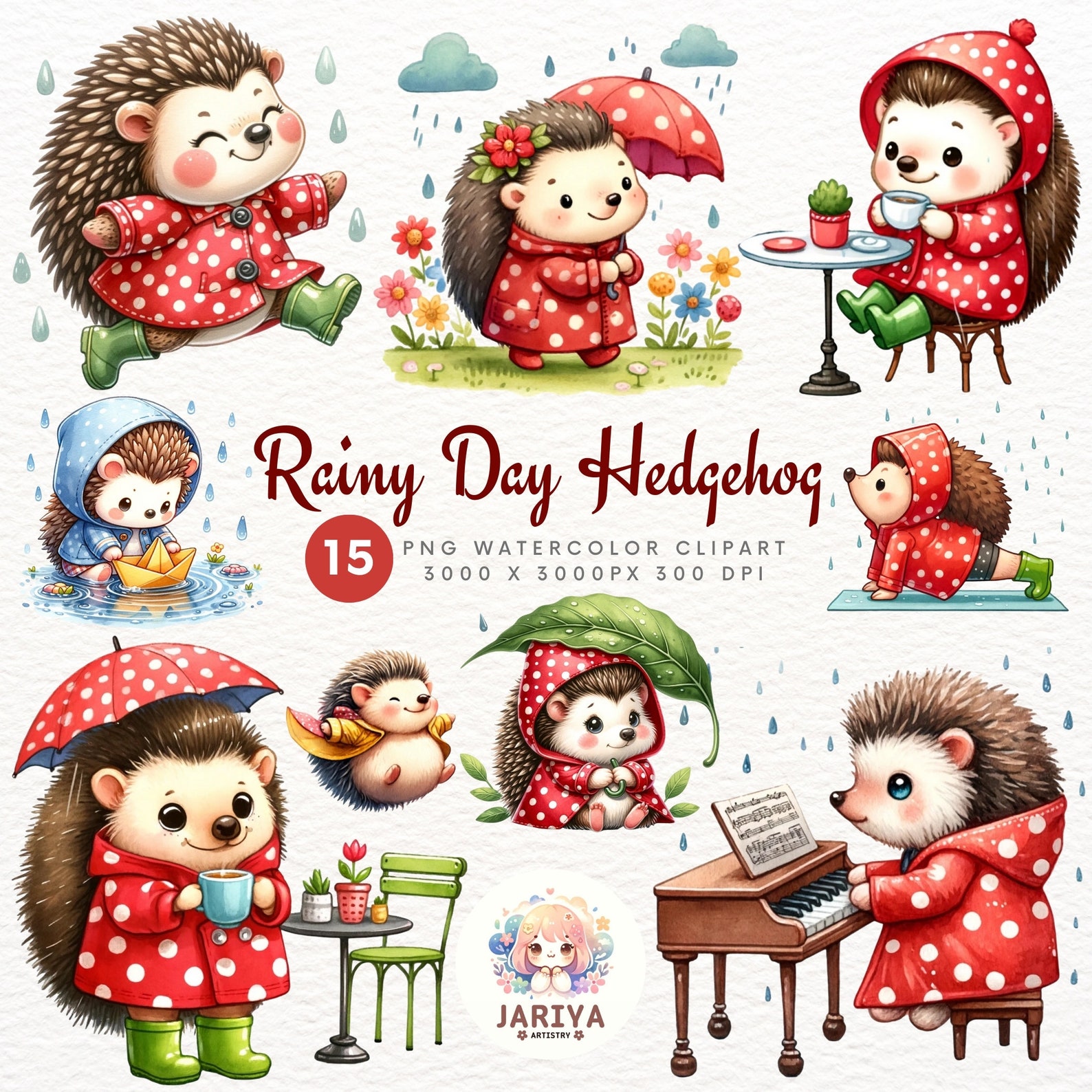 Cute Rainy Day Hedgehog Watercolor Clipart Collection for Baby Shower ...