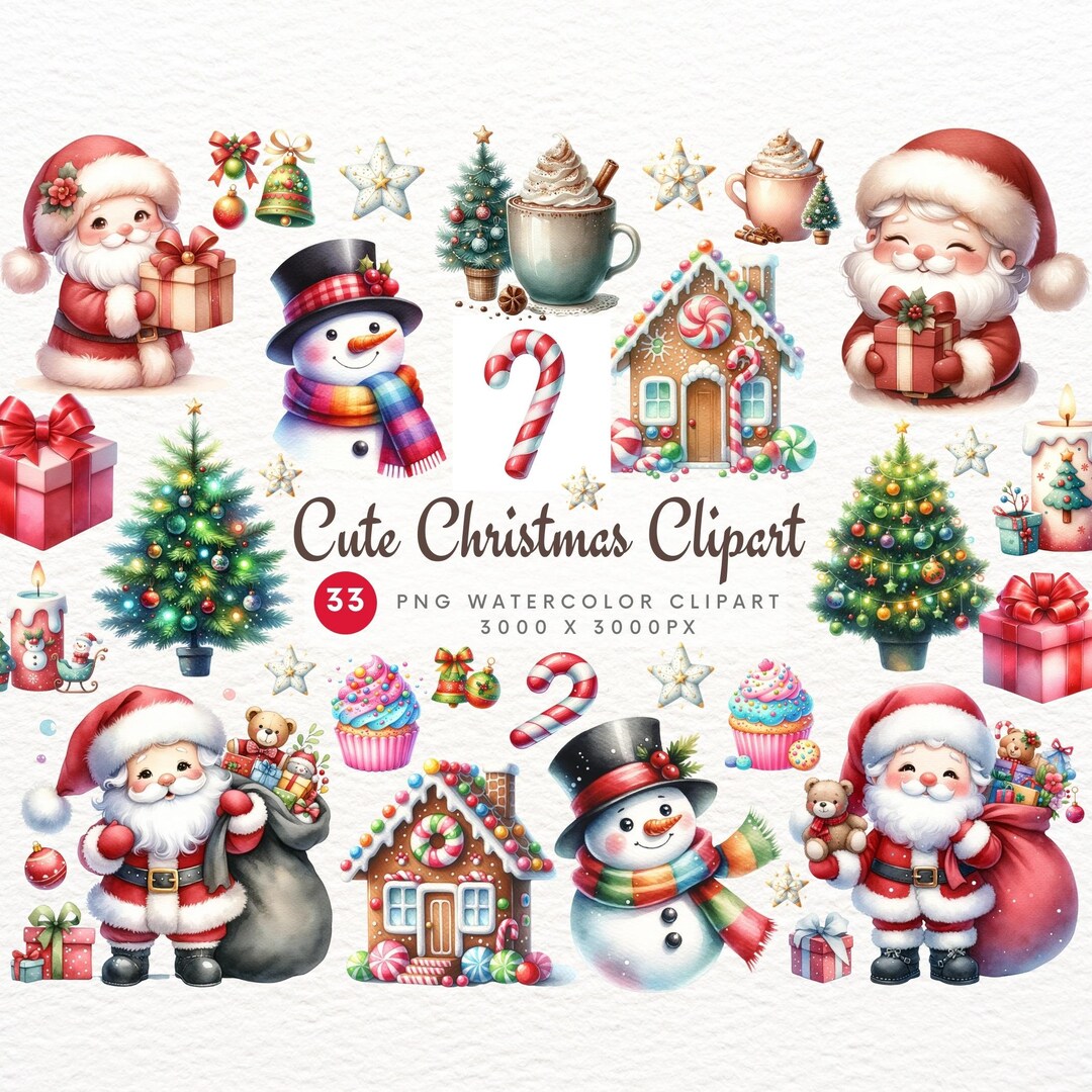Cute Christmas Clipart Bundle, Watercolor Cute Christmas PNG, Cute ...