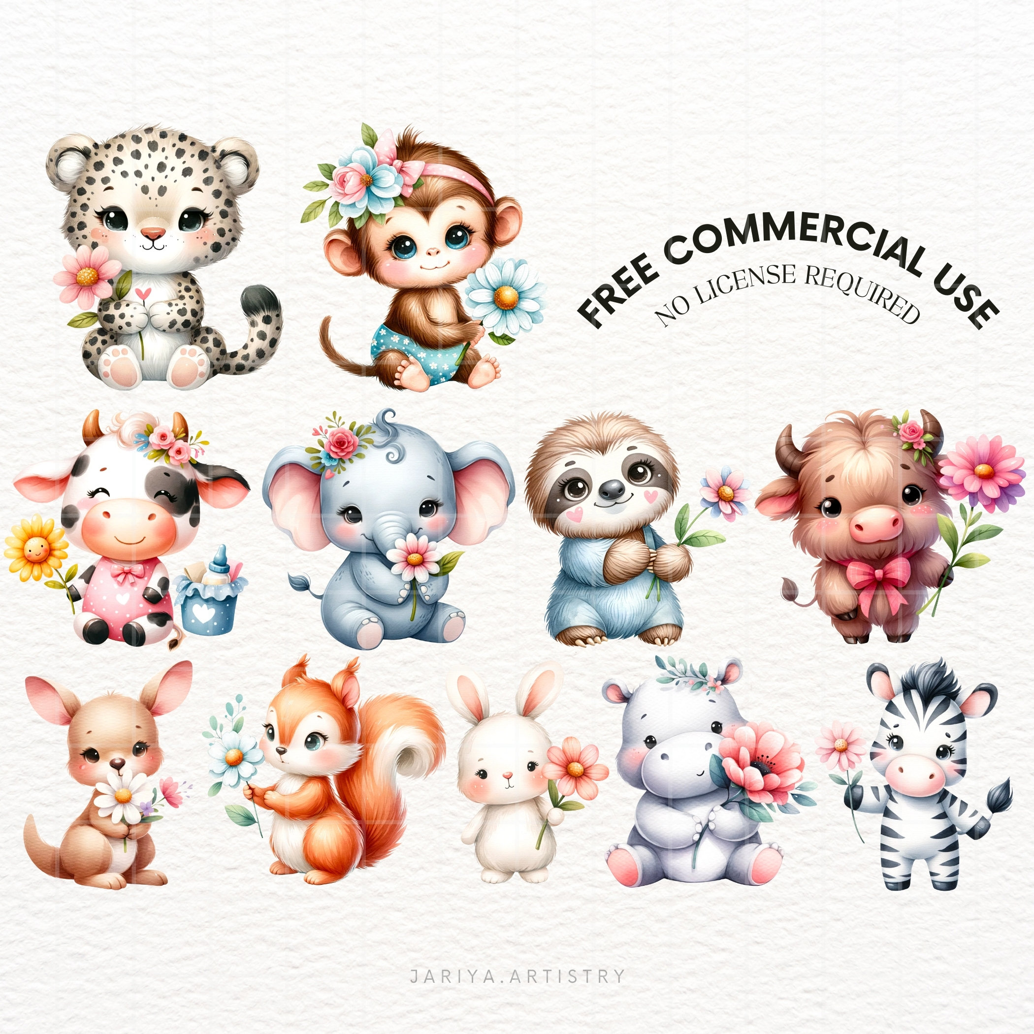 Cute Animals With Flowers Clipart, Floral Animal Clipart, Cute Animal ...