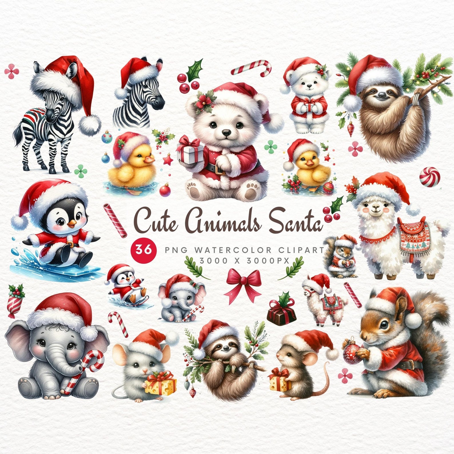 Cute Animals Santa Clipart Bundle, Animals Santa PNG, Cute Animals ...
