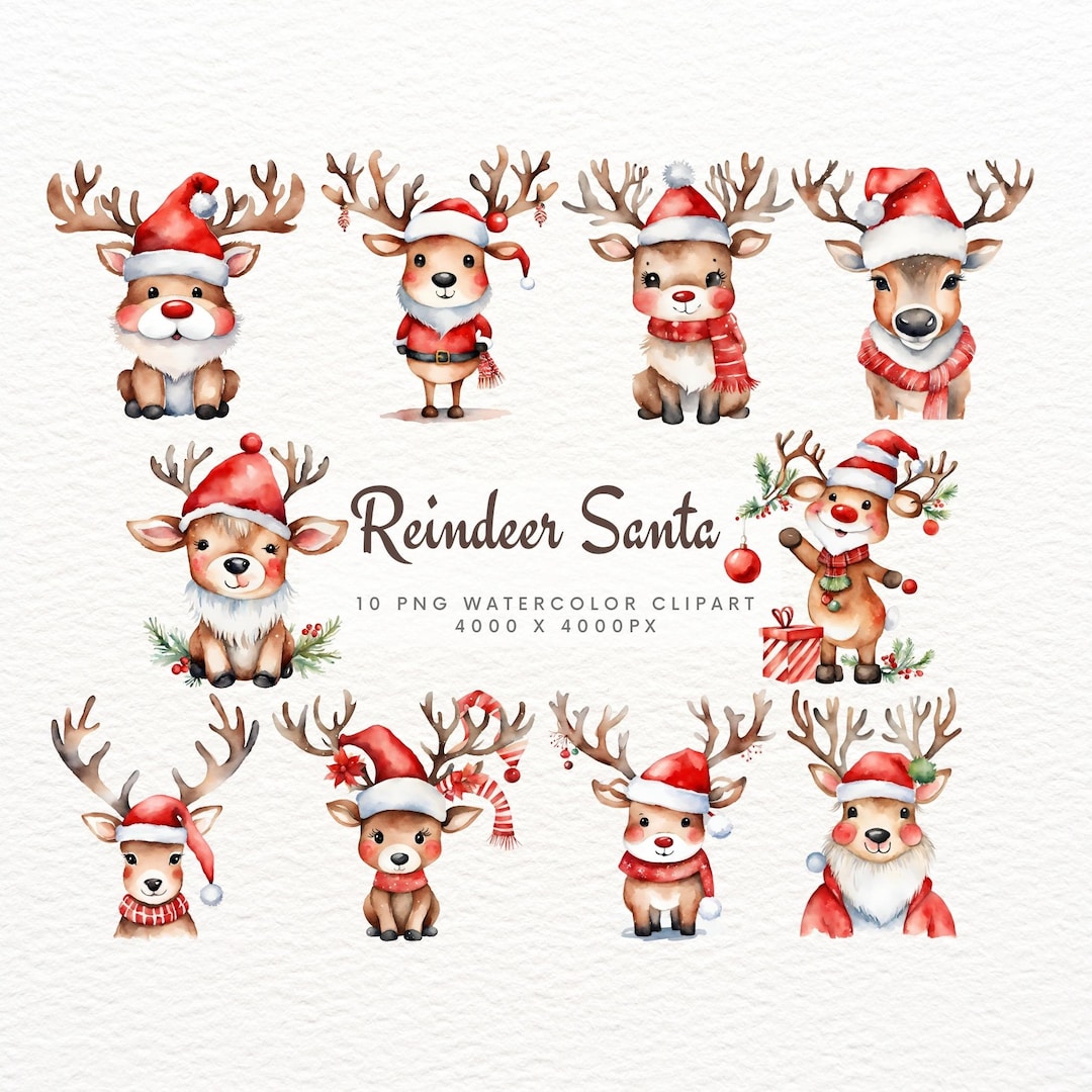 Reindeer Santa Clipart Bundle, Watercolor Reindeer Santa Clipart PNG ...