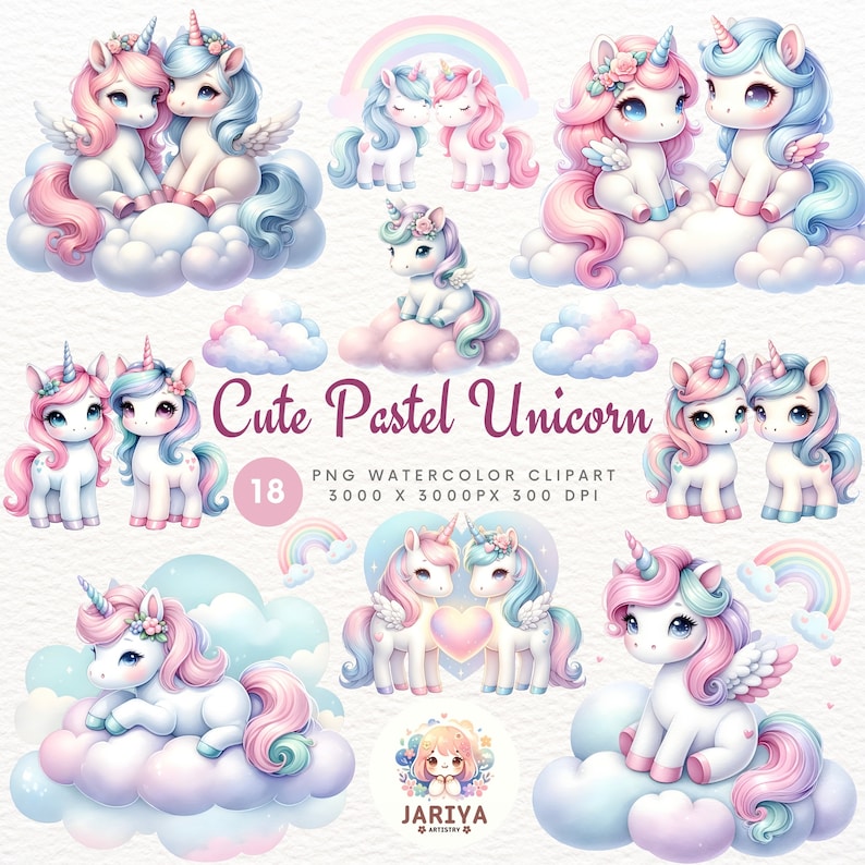 Pastel-colored Unicorn Clipart, Watercolor Unicorn PNG, Unicorn Couple ...