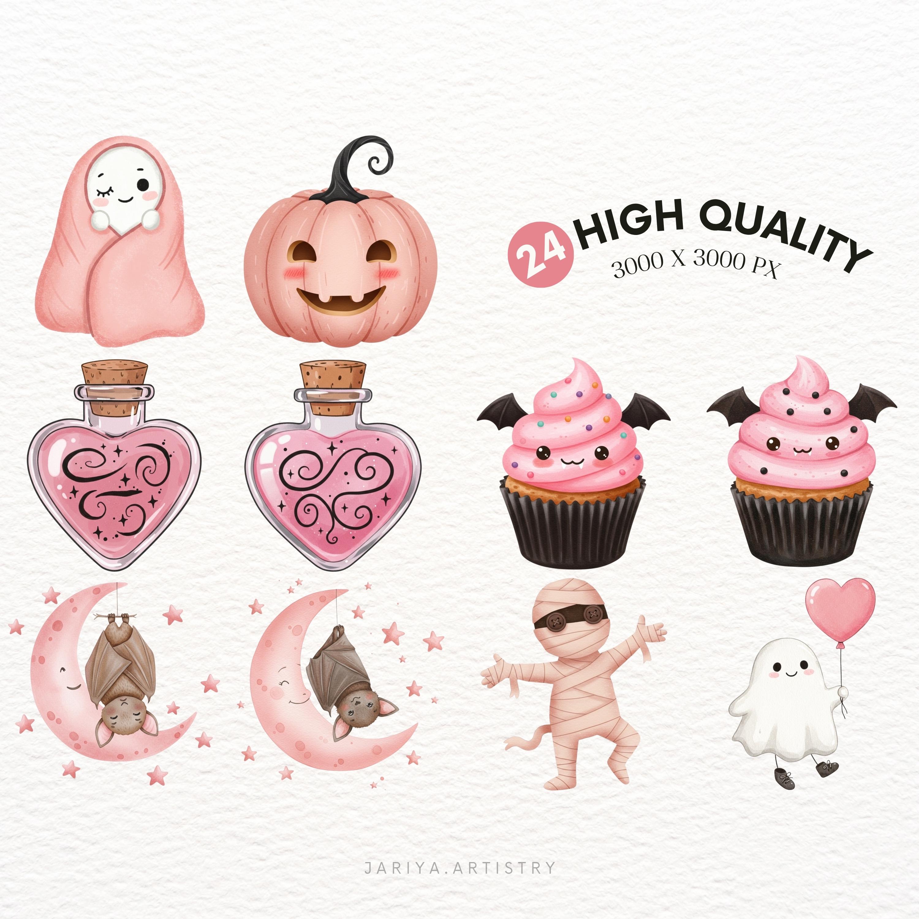Pink and Black Halloween Clipart Set for Kids – Cute Watercolor Ghost ...