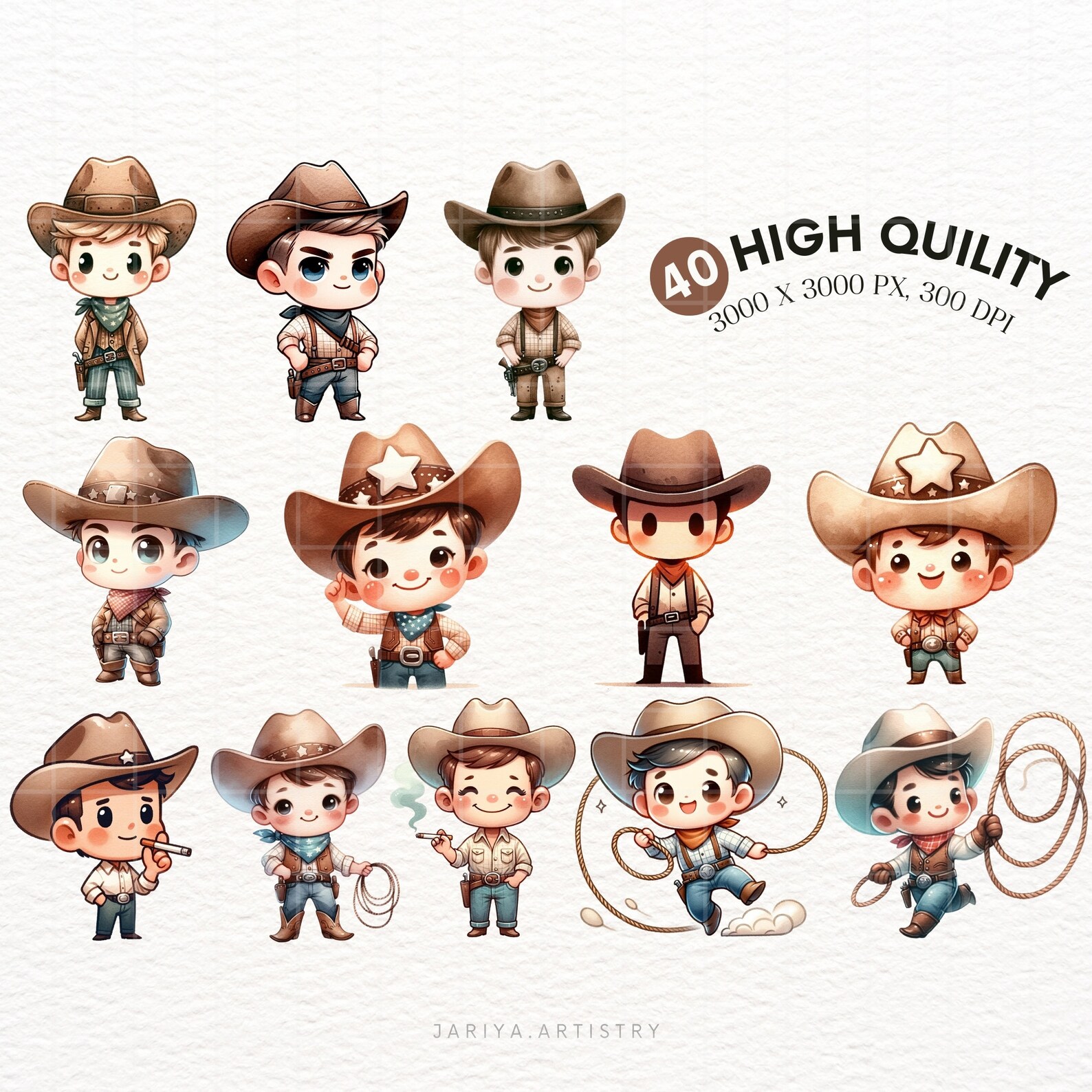 Cute American Cowboy Clipart Bundle, Children's Cowboy PNG, Little ...
