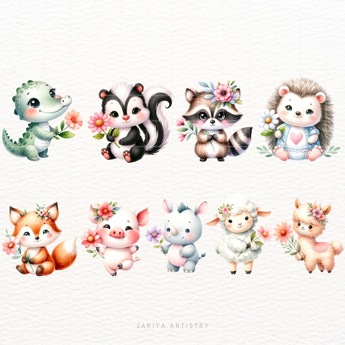 Cute Animals With Flowers Clipart, Floral Animal Clipart, Cute Animal ...