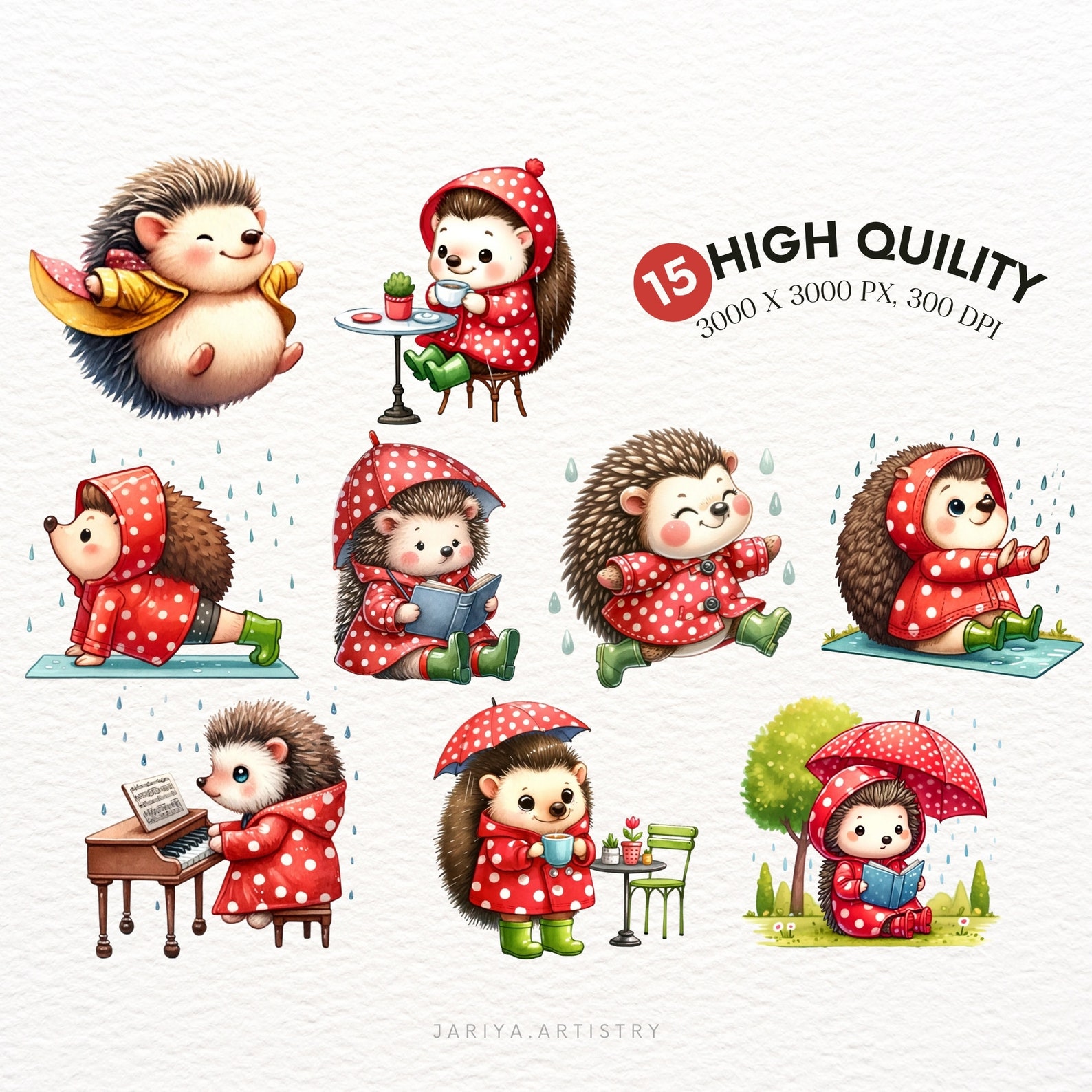 Cute Rainy Day Hedgehog Watercolor Clipart Collection for Baby Shower ...