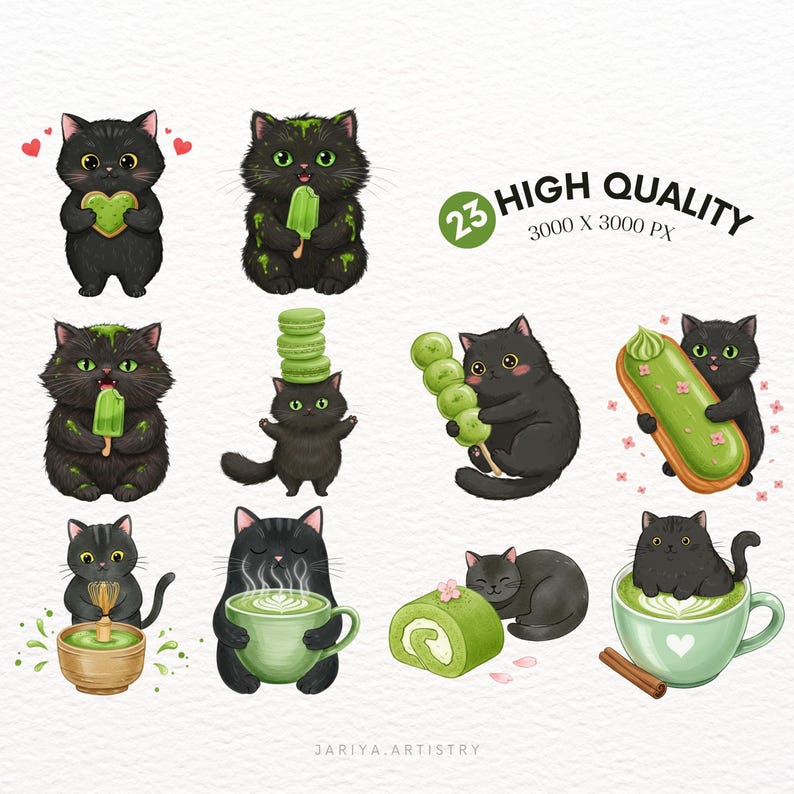 Black Cat Matcha Clipart: Watercolor Teatime PNG Illustration Set ...