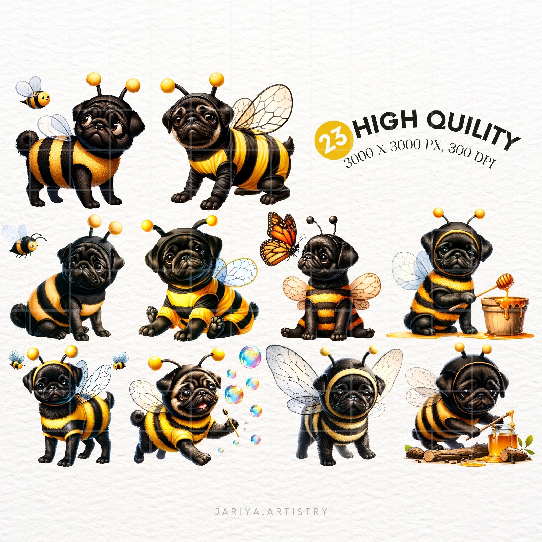 Puppy Love: Black Pug Bee PNG Images for Card Making and Sublimation ...