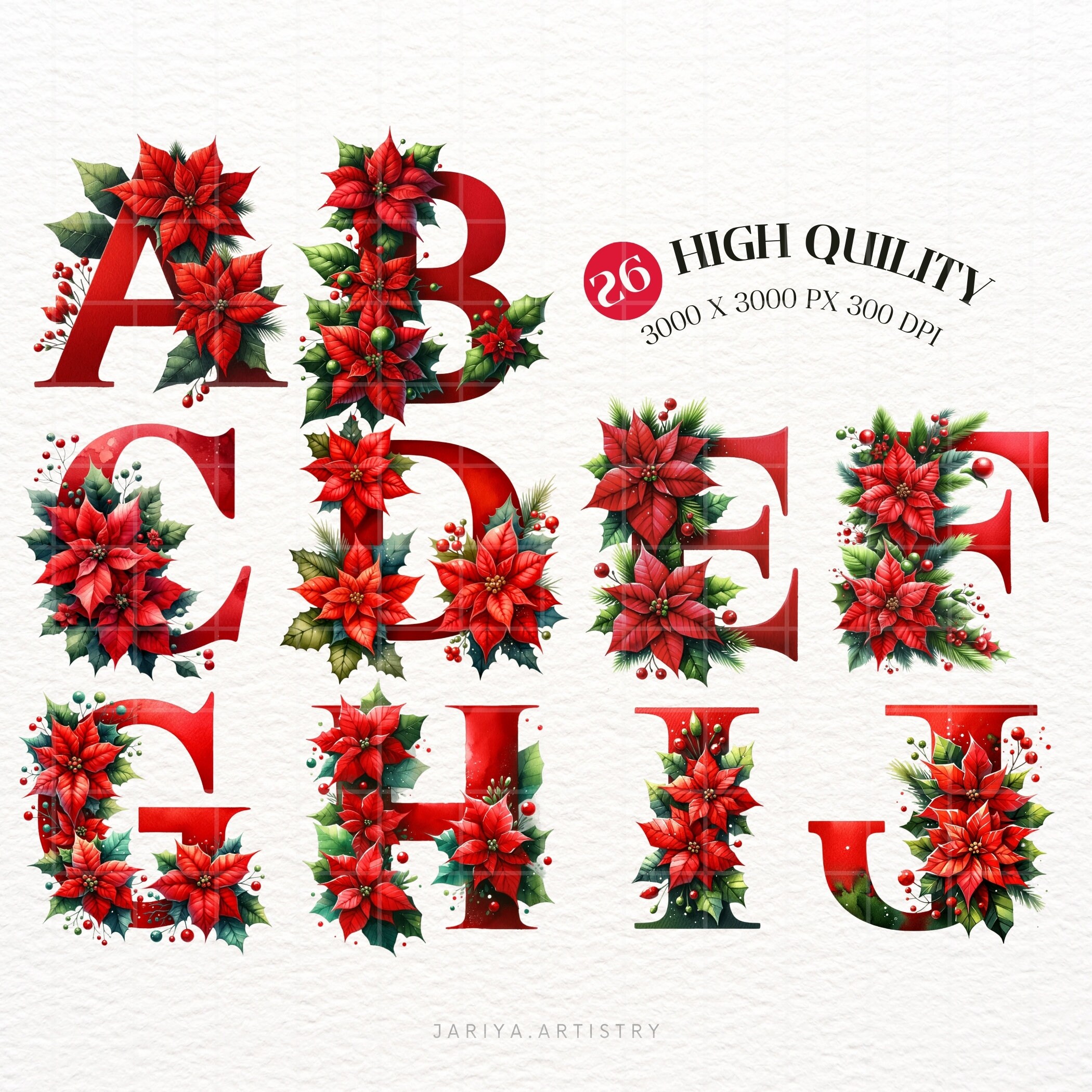 Christmas Flower Alphabet Clipart Bundle, A-Z Clipart PNG, Christmas ...
