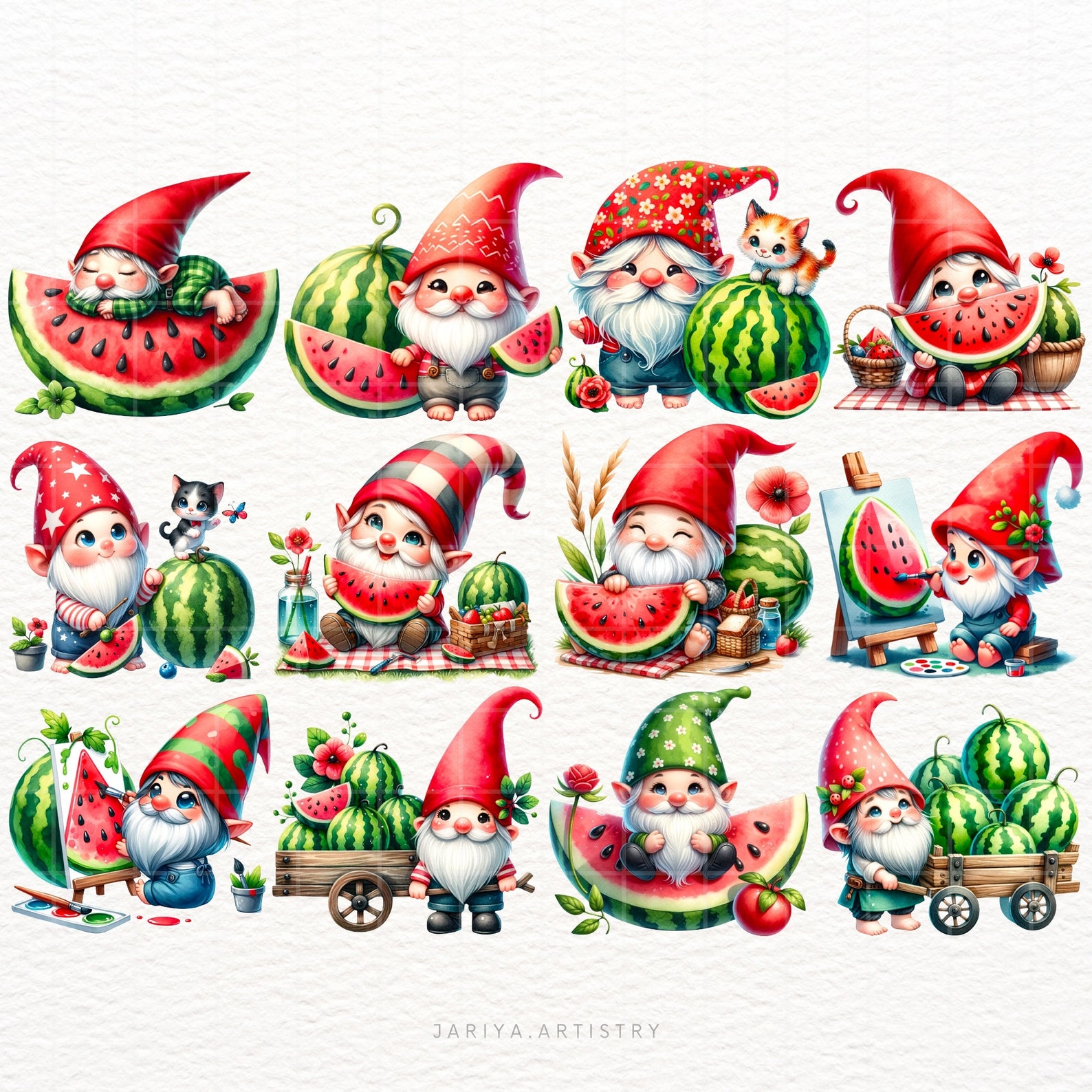 Cute Watermelon Gnome Clipart Bundle, Cute Watermelon PNG, Watercolor ...