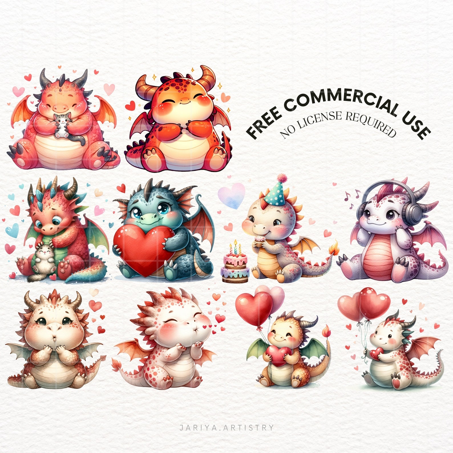 Chubby Dragon Clipart, Cute Dragon in Love Clipart, Watercolor Baby ...