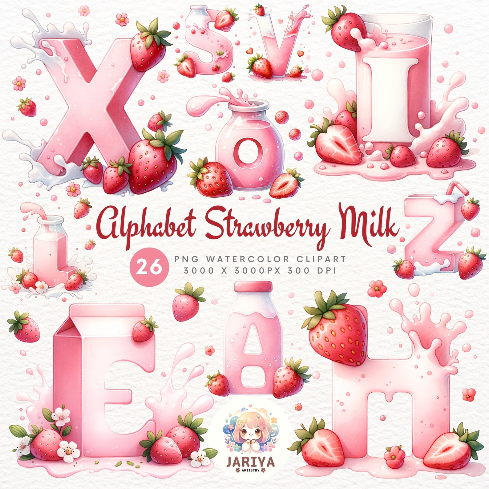 Watercolor Alphabet Strawberry Milk ABC Letters - Printable for ...