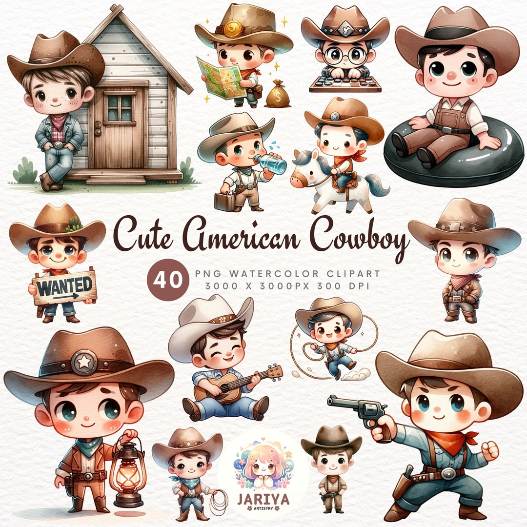 Cute American Cowboy Clipart Bundle, Children's Cowboy PNG, Little ...